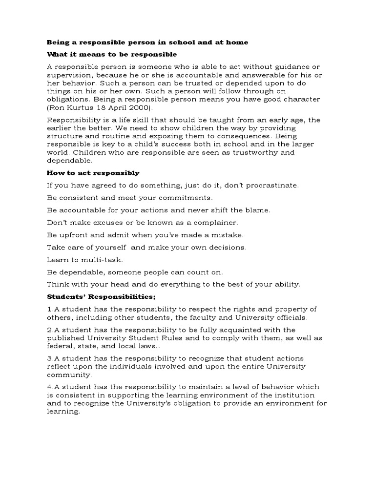 Being A Responsible Person in School and at Home | PDF | Learning ...