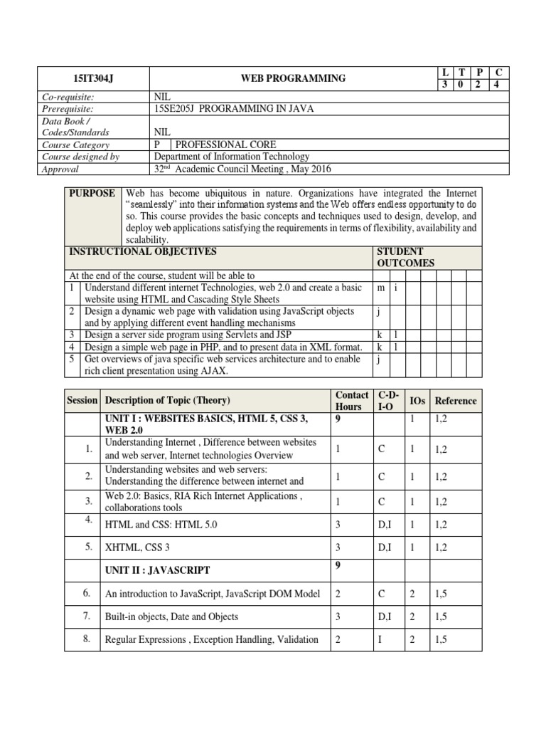 15IT304J Web Programming L T P C 3 0 2 4 | Download Free PDF | Ajax (Programming) | Java Server ...