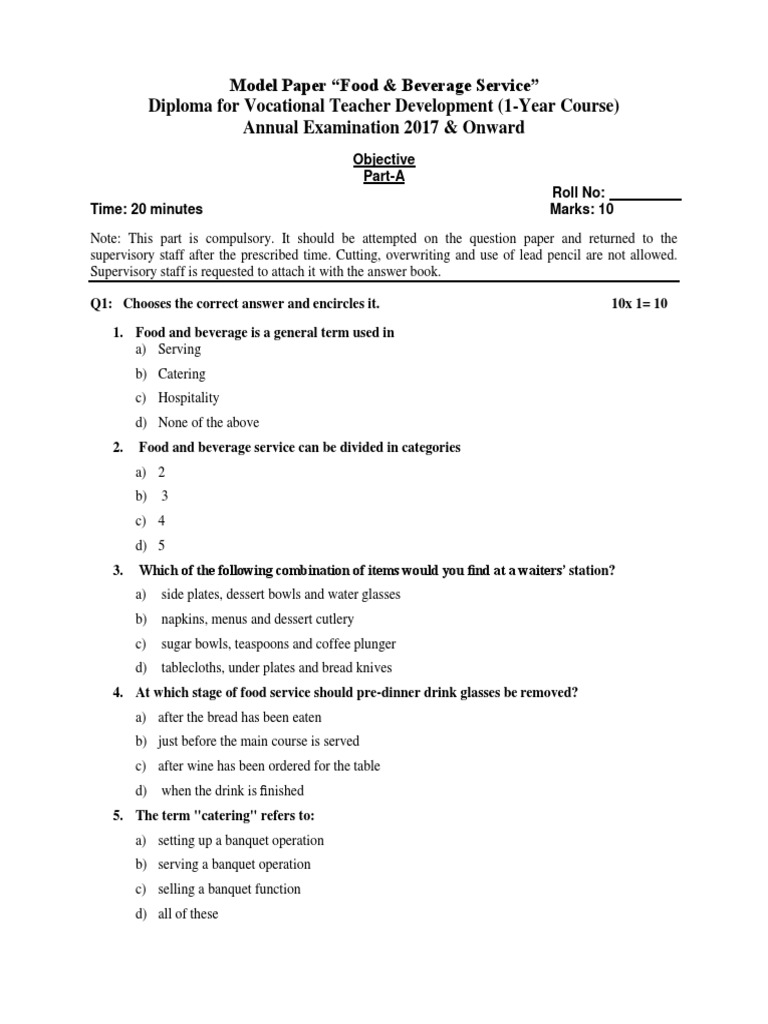 Vocational Teacher Exam: F&B Service | PDF | Foodservice | Menu