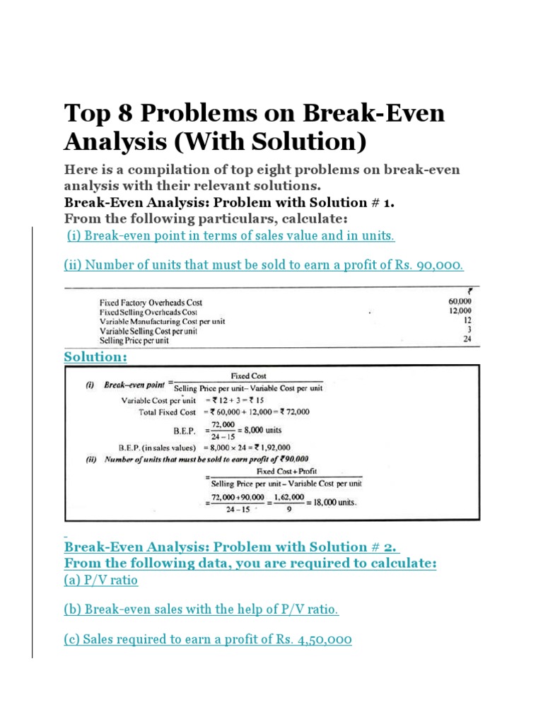 Top 8 Break-Even Analysis Problems Solved | PDF | Marketing | Market ...