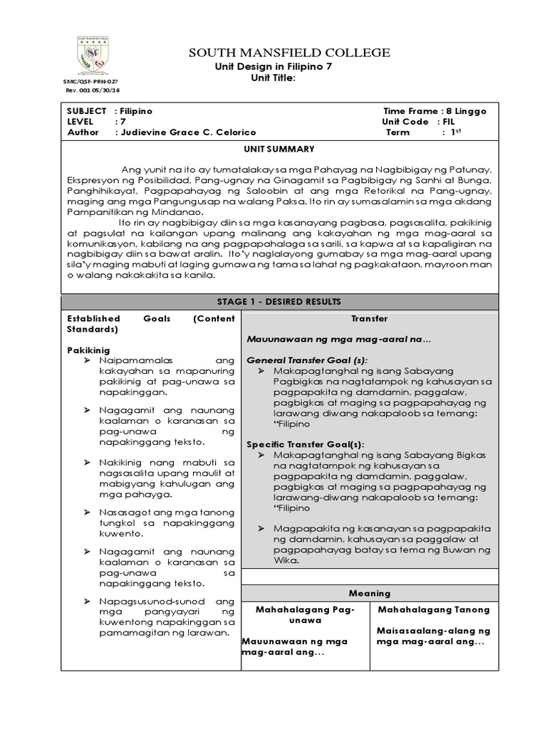 Unit Design Grade 7 | PDF