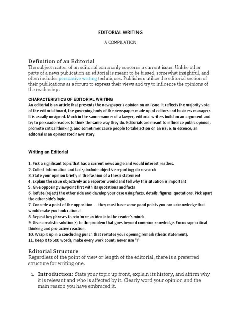 Definition of An Editorial: Persuasive Writing | PDF | Opinion | News
