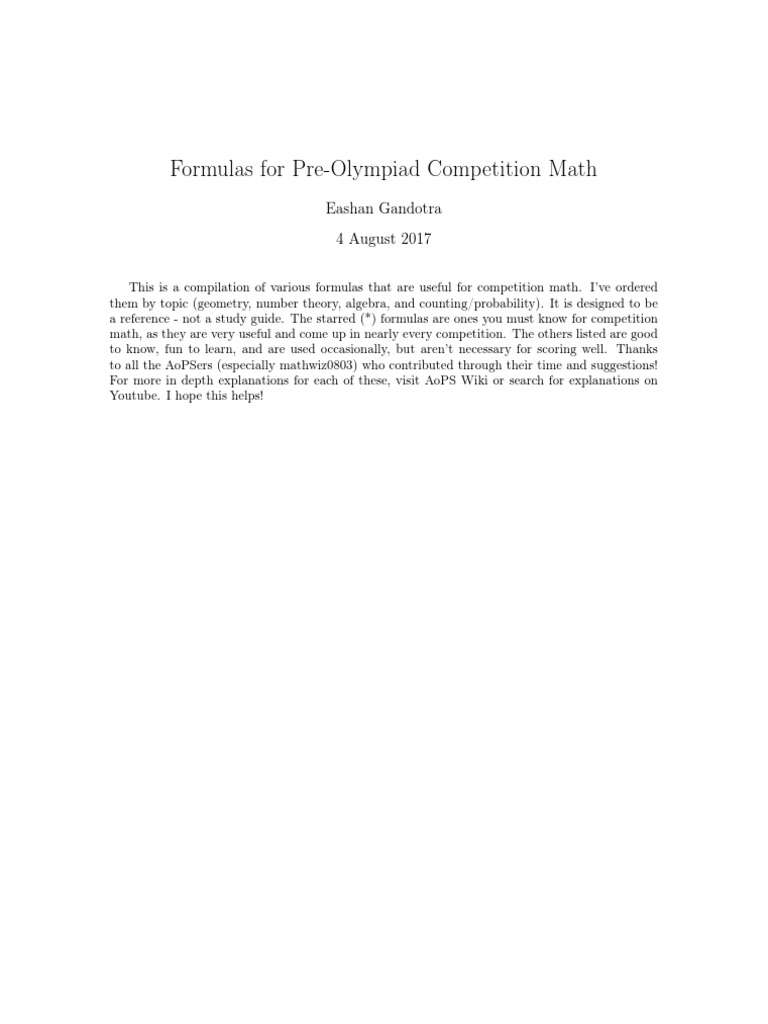 Formulas for Pre-Olympiad Math Competitions | PDF | Area ...