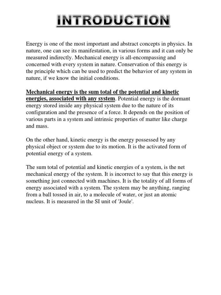 Mechanical Energy Class 11 Project | PDF | Potential Energy | Kinetic ...