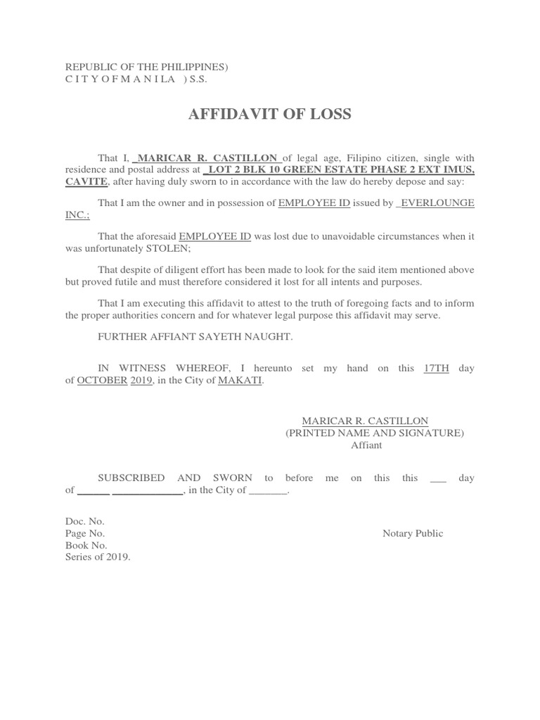 Affidavit of Lost Employee ID: A Statement Under Oath Detailing the ...