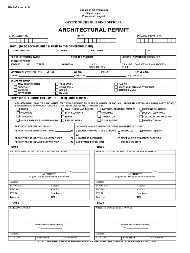 Baguio City Architectural Permit Form | PDF | Specification (Technical ...