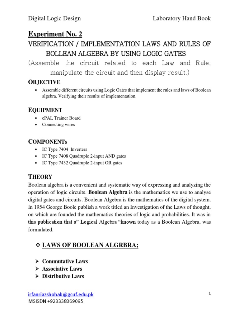 Digital Logic Design Lab 2 | PDF | Boolean Algebra | Teaching Mathematics