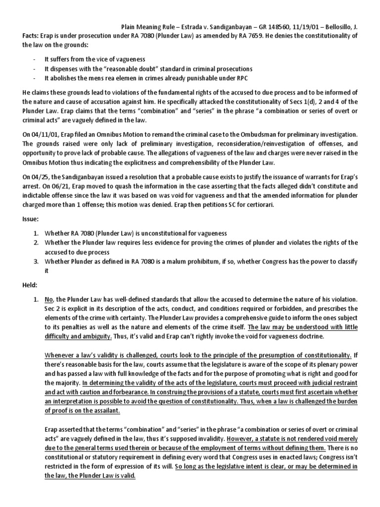 Facts: Erap Is Under Prosecution Under RA 7080 (Plunder Law) As Amended ...