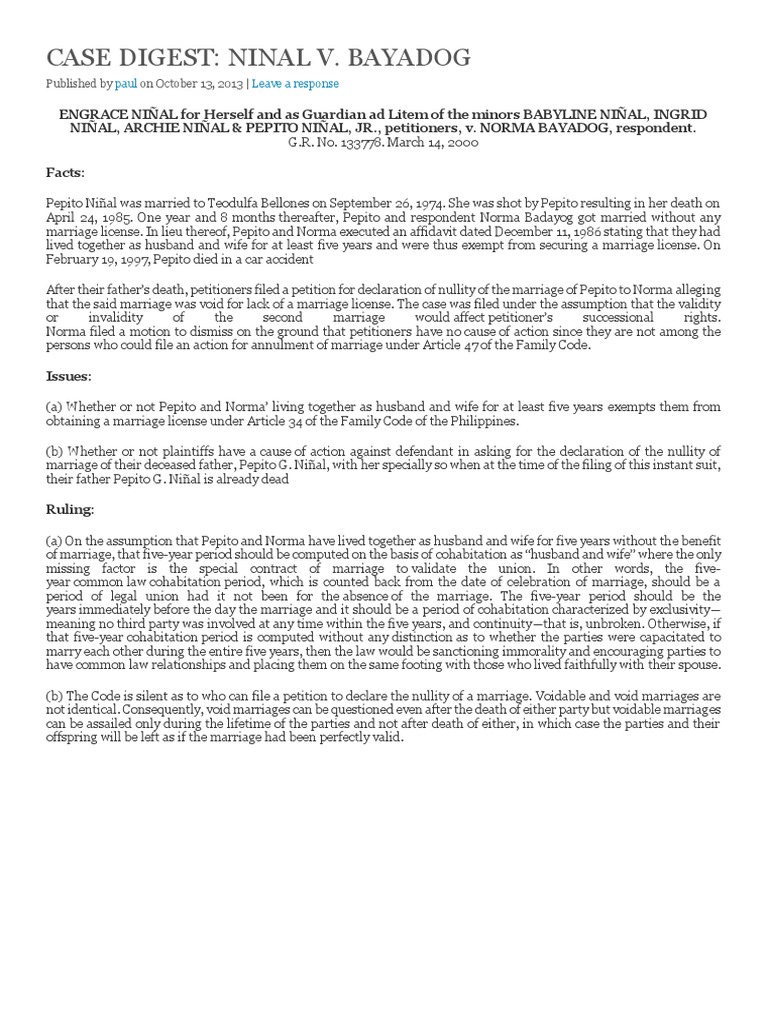 Case Digest: Ninal V. Bayadog | PDF | Annulment | Marriage