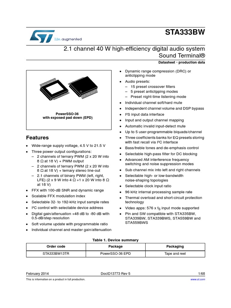 STA333BW: 2.1 Channel 40 W High-Efficiency Digital Audio System Sound Terminal® | PDF ...