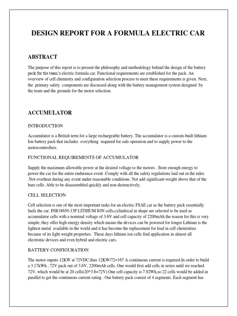 Formula Electric Car Design Report | PDF | Electric Motor ...