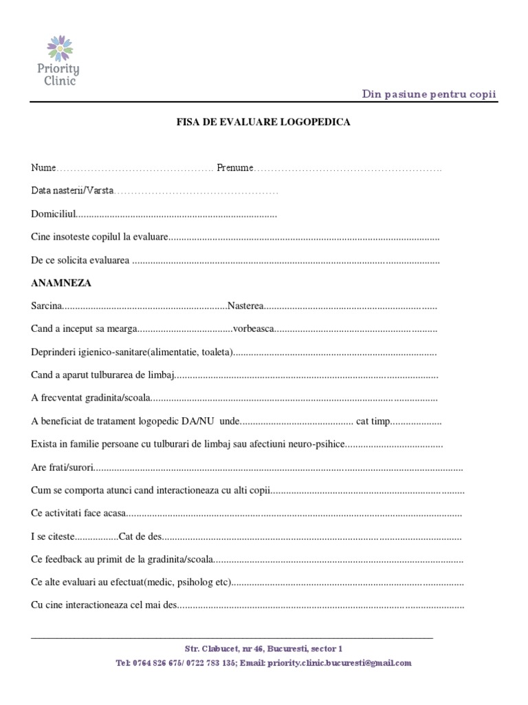 Fisa Evaluare Logopedica | PDF