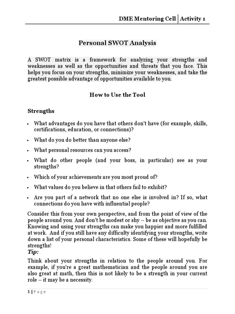 Personal SWOT Analysis: DME Mentoring Cell Activity 1 | PDF | Swot Analysis | Mentorship