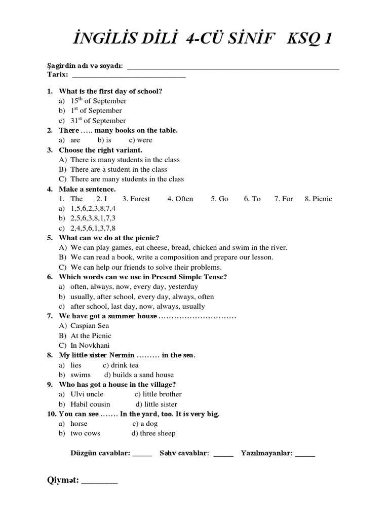 İngilis Dili 4 Sinif KSQ 1 | PDF