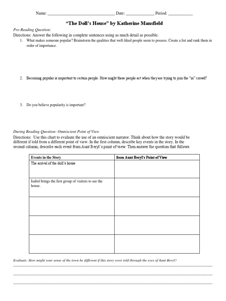"The Doll's House" by Katherine Mansfield: Pre-Reading Question | PDF ...