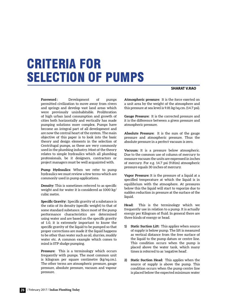 Criteria For Selection of Pump | PDF | Pressure | Dynamics (Mechanics)