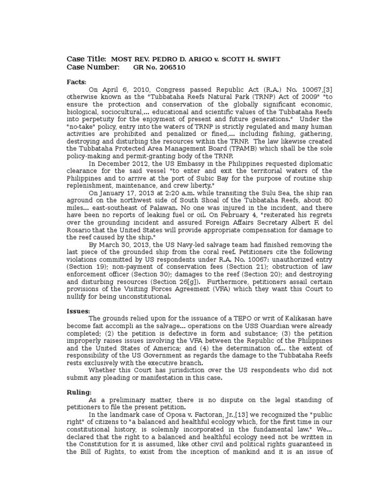MOST REV. PEDRO D. ARIGO v. SCOTT H. SWIFT-GR NO. 206510 Case Digest ...