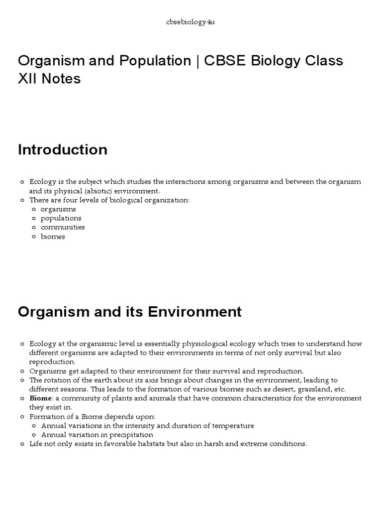 Organism and Population - CBSE Biology Class XII Notes - Cbsebiology4u ...