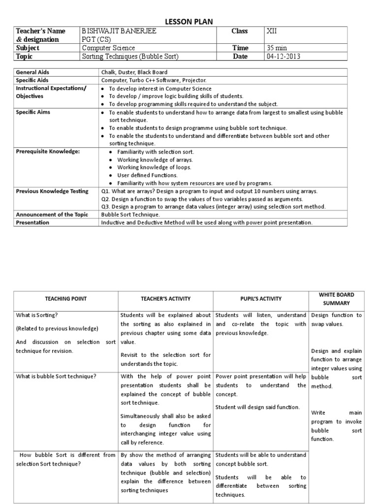 Lesson Plan Sorting (Bubble Sort) | PDF | Theoretical Computer Science | Applied Mathematics
