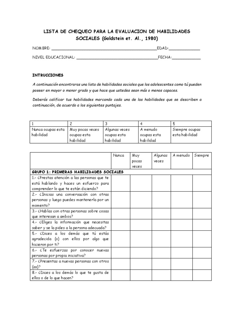 Lista de Chequeo Habilidades Sociales | PDF | Relaciones personales ...