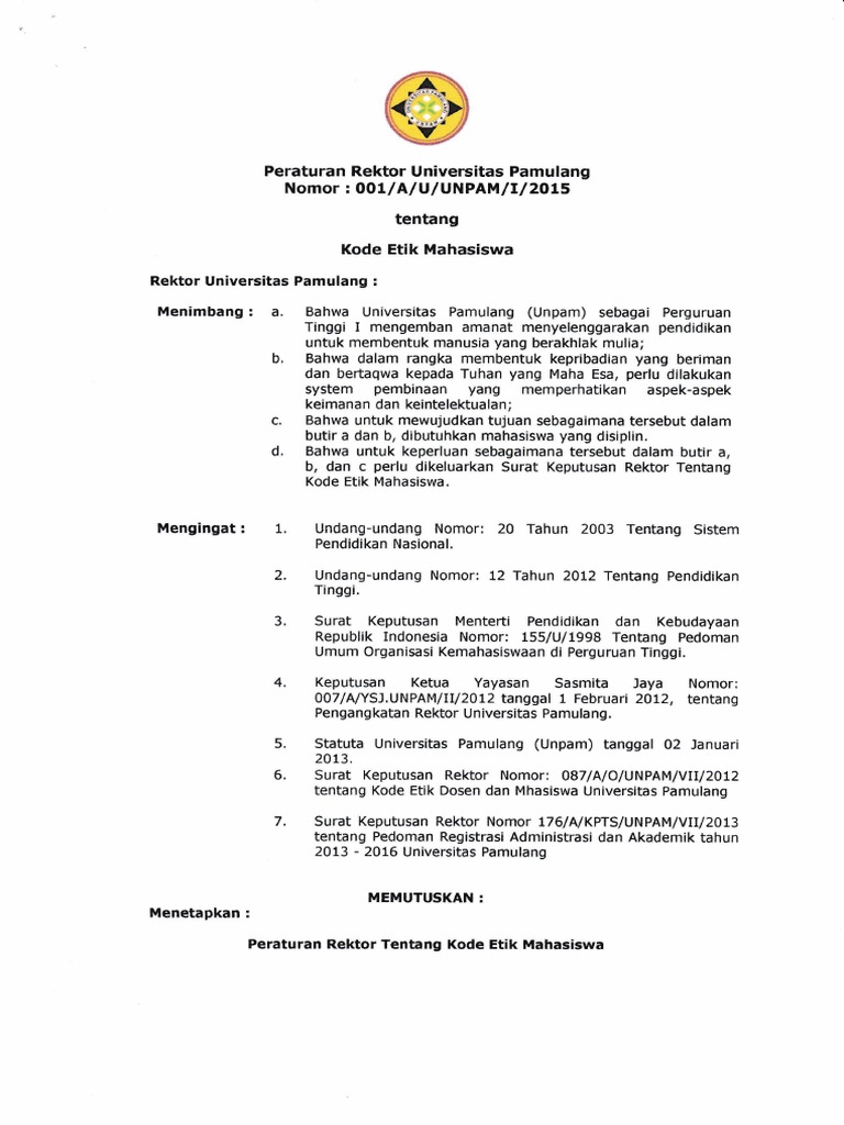 Kode Etik Mahasiswa Unpam PDF | PDF