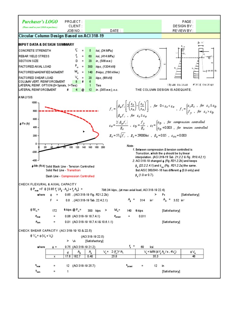 Circular Column Design Based On ACI 318-19: Input Data & Design Summary ...