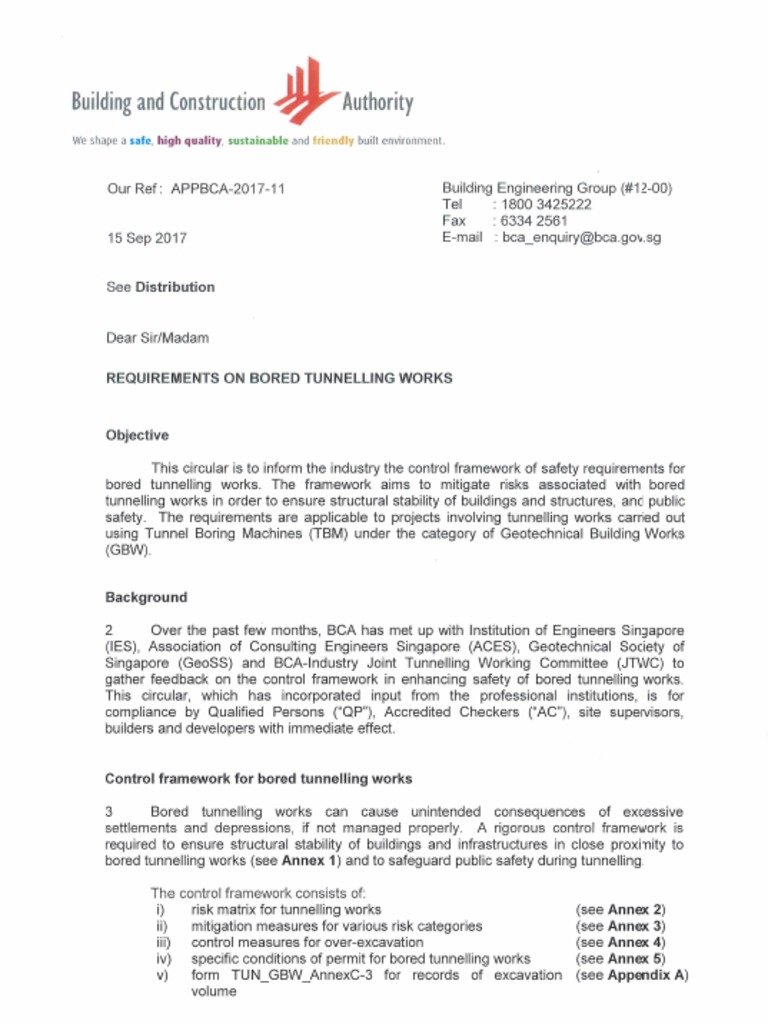 BCA Circular 15sep2017 Reqs For Bored Tunnelling Works