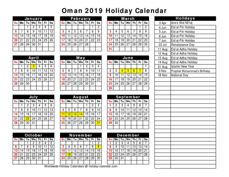 Oman 2019 Holiday Calendar | PDF | Islamic Behaviour And Experience ...