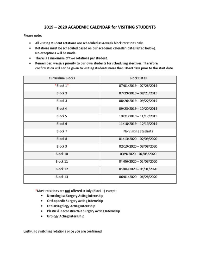 2019 - 2020 Academic Calendar For Visiting Students: Please Note | PDF ...