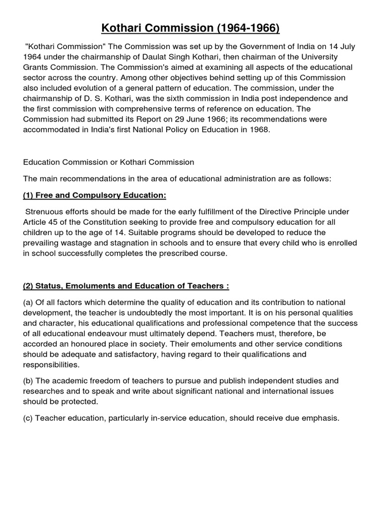Kothari Commission (1964-1966) : (1) Free and Compulsory Education ...