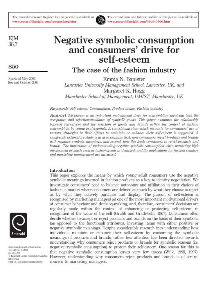 Negative Symbolic Consumption and Consumers' Drive For Self Esteem ...