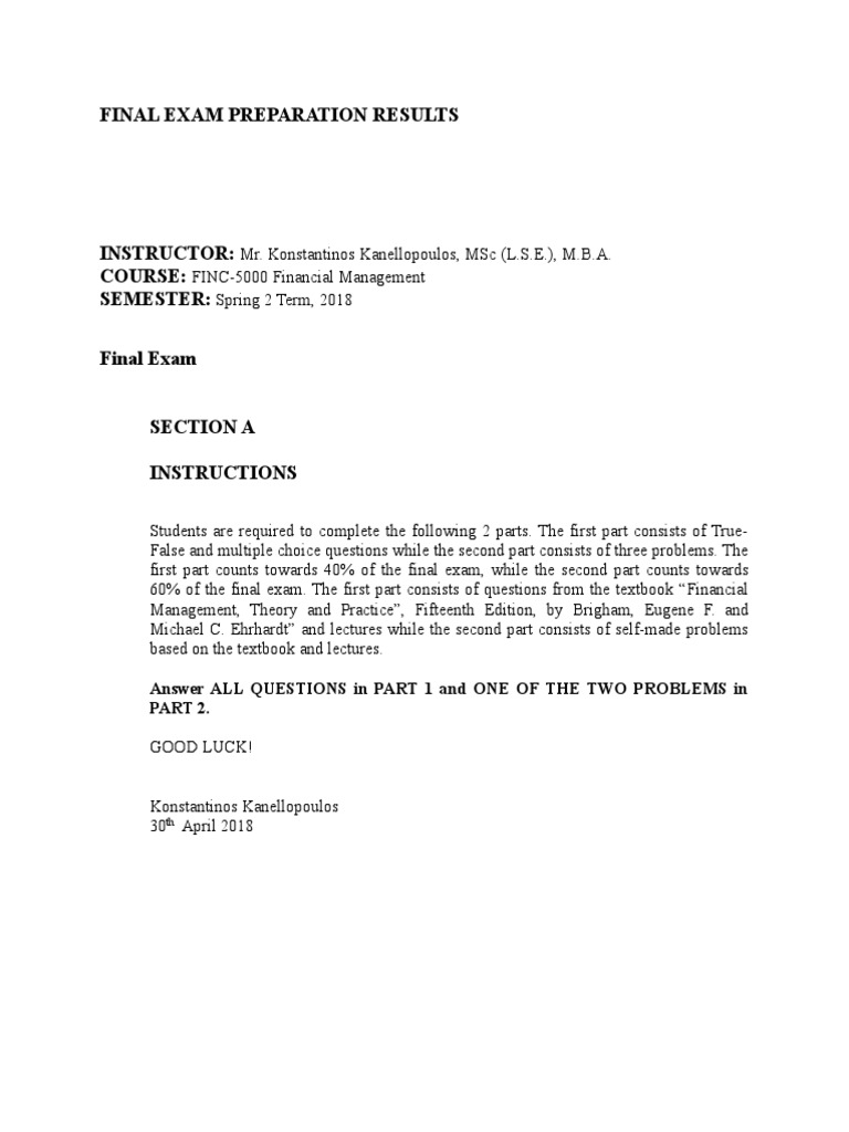 Final Exam Preparation Results: Answer All Questions in Part 1 and One ...