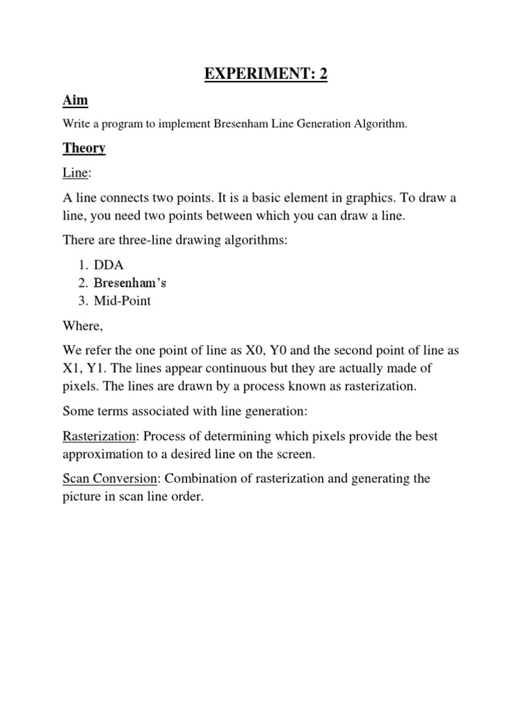 Experiment: 2: Write A Program To Implement Bresenham Line Generation Algorithm | PDF ...