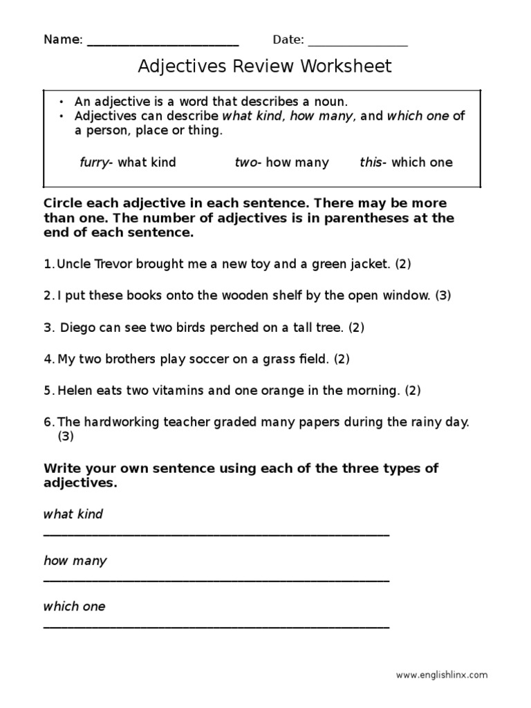 Adjectives Review Worksheet: Furry-What Kind Two - How Many This ...