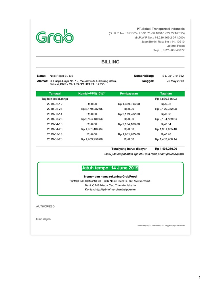 Invoice - Penjualan - GrabFood - Nasi Pecel Bu Siti Mekarmukti - BIL ...