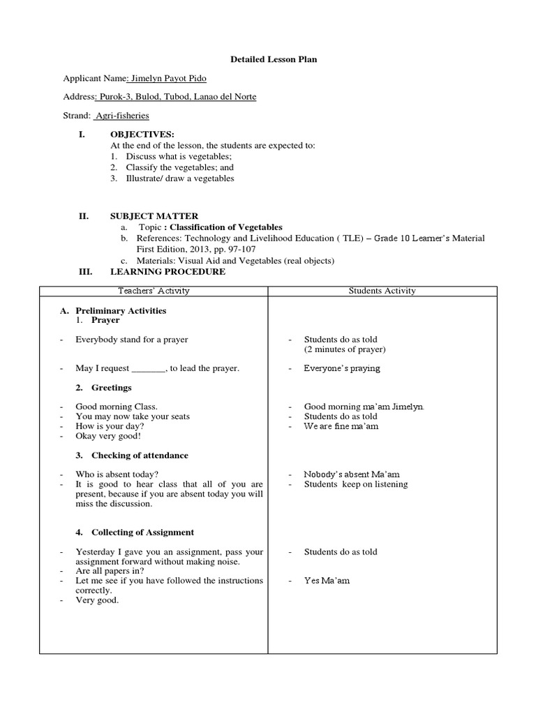 Classification of Vegetables Lesson Plan | PDF | Vegetables | Fruit