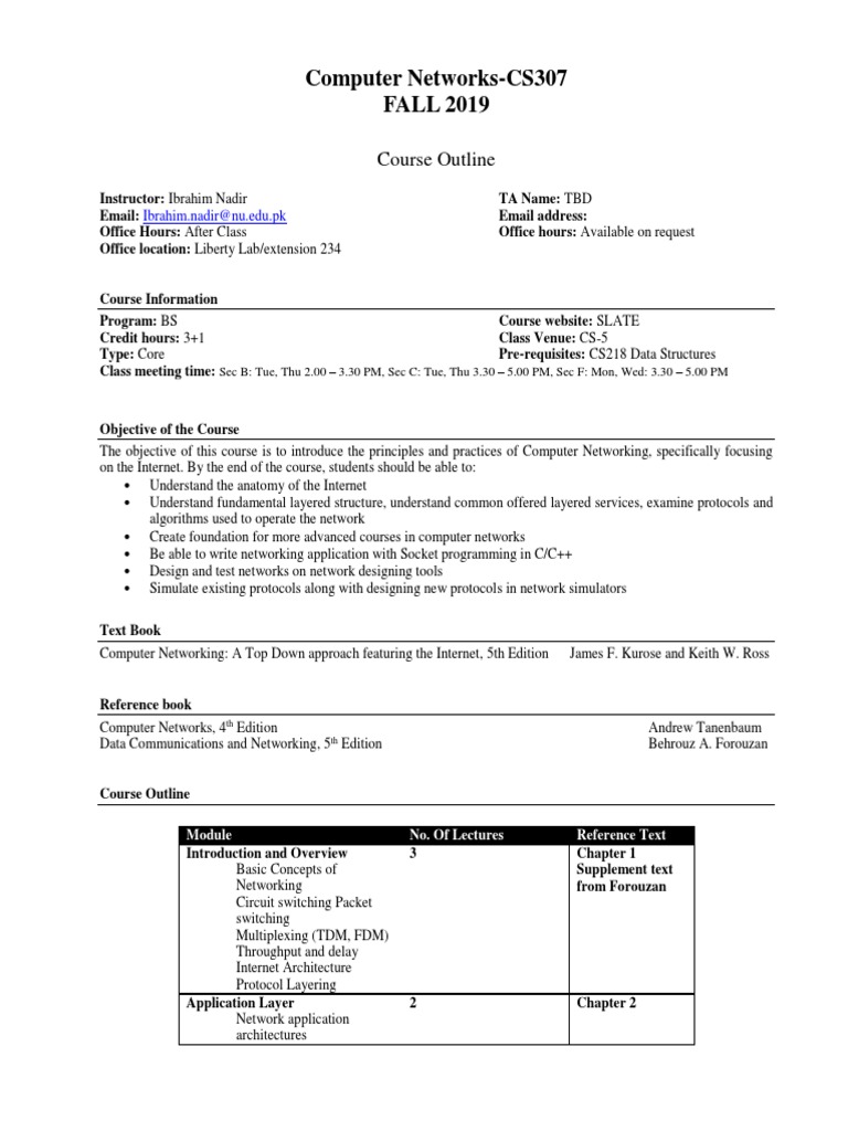 Computer Networks CourseOutline Fall 2019 | PDF | Computer Network ...
