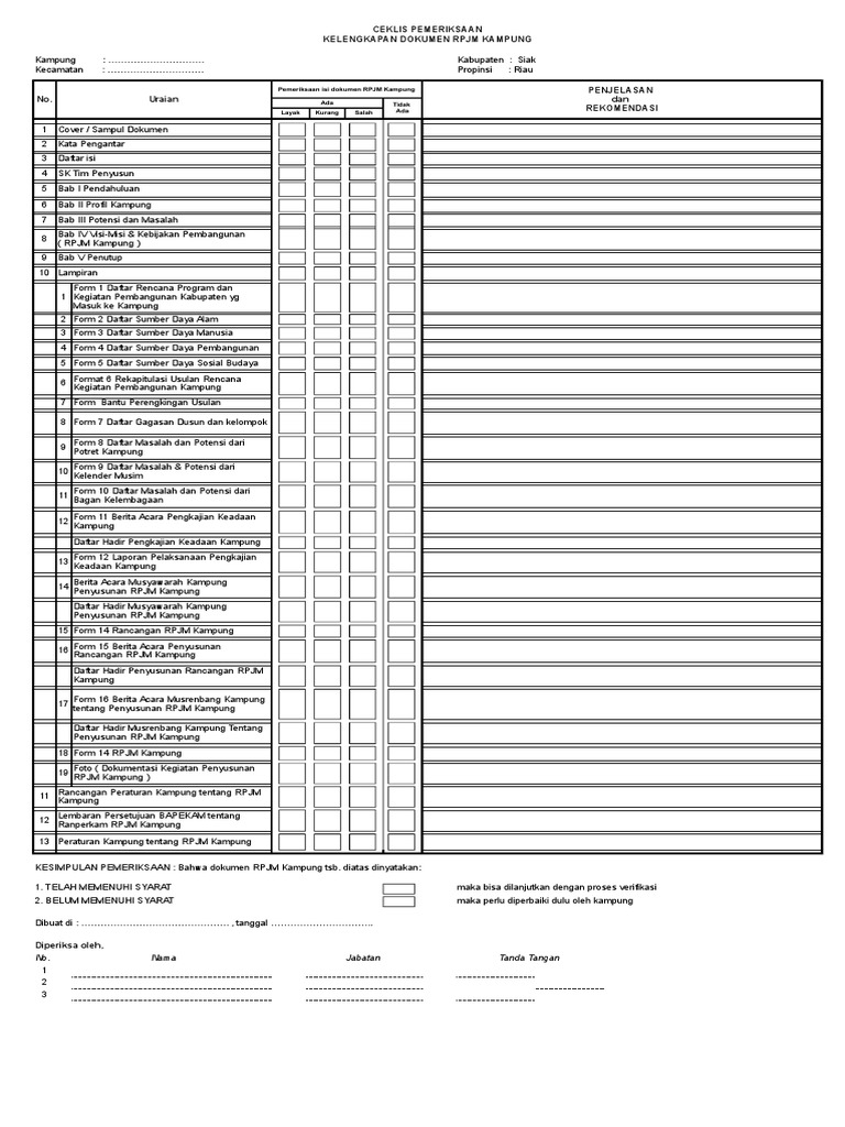 Ceklis Pemeriksaan Kelengkapan Dokumen RPJM & RKP | PDF