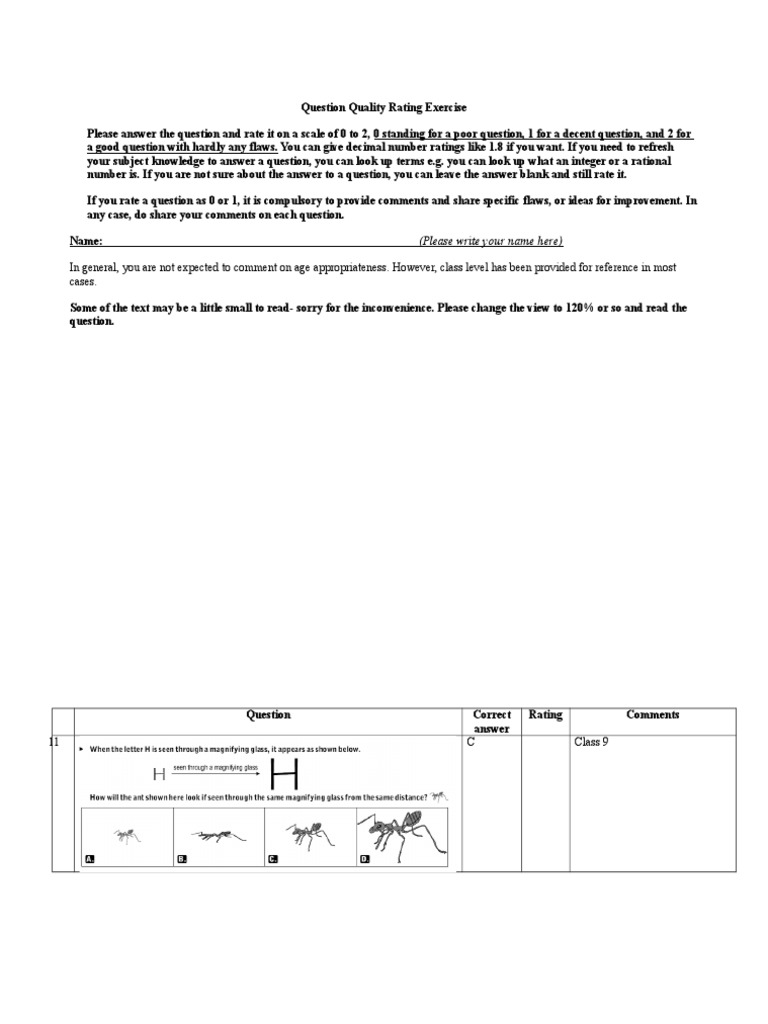 Grade 7 Question Quality Rating Guide | PDF