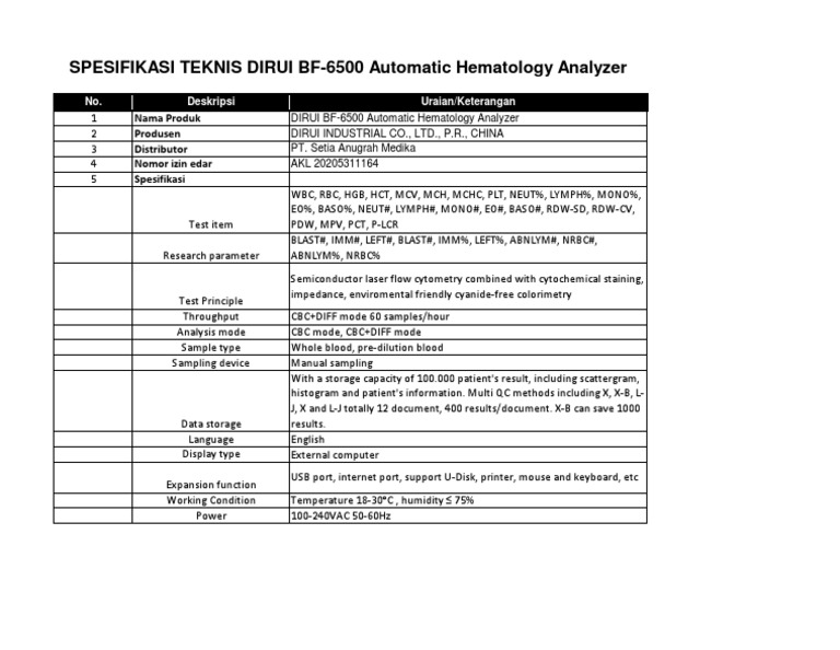 DIRUI BF-6500 Hematology Analyzer Specs | PDF