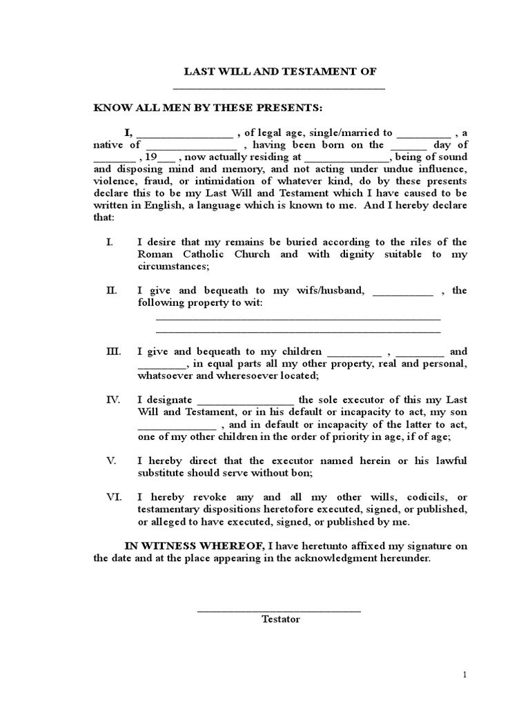 Last Will and Testament of (Sample) | PDF | Will And Testament ...