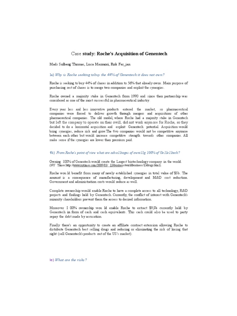 Roche Case Study PDF | PDF | Mergers And Acquisitions | Cost Of Capital