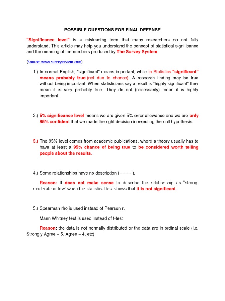 Possible Questions For Final Defense | PDF | Statistical Hypothesis ...