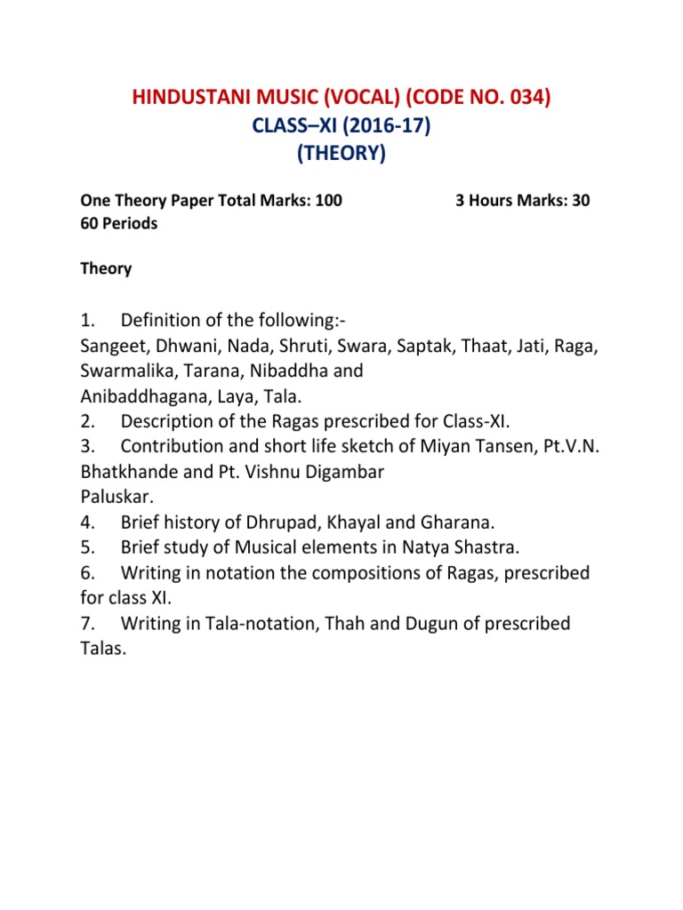 Hindustani Music (Vocal) (Code No. 034) : CLASS-XI (2016-17) (Theory) | PDF