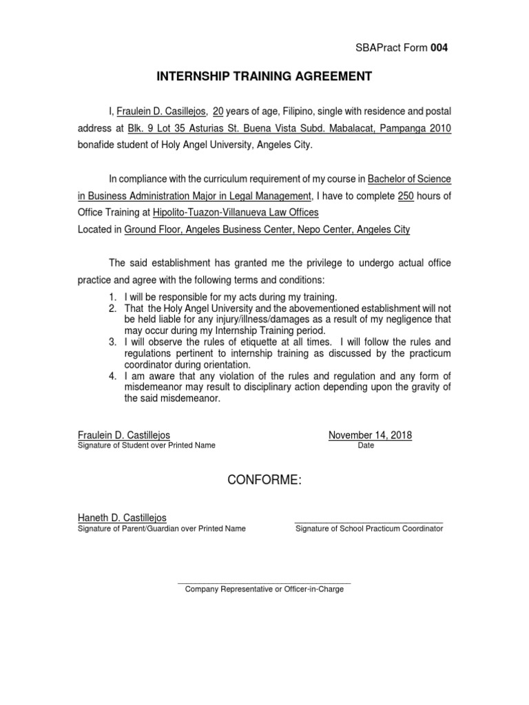Internship Training Agreement Template | PDF