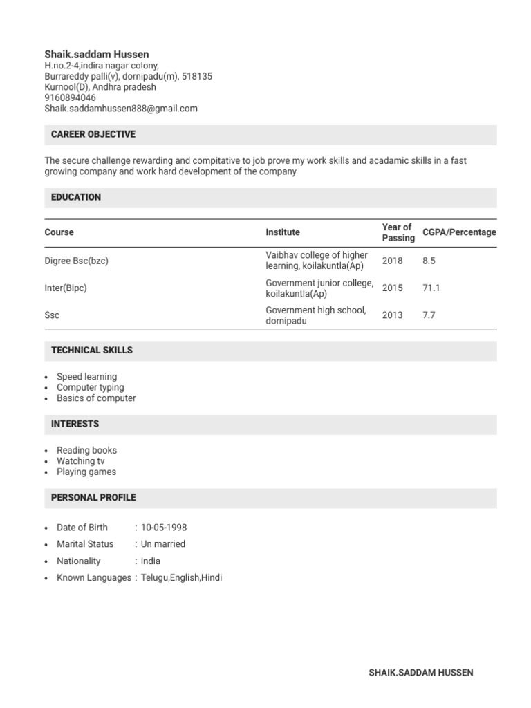 Shaik - Saddam Hussen: Career Objective | PDF