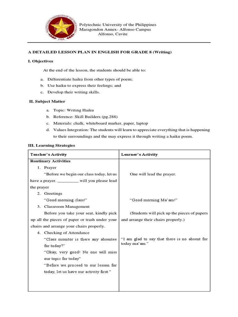 Grade 8 Haiku Writing Lesson Plan | PDF | Haiku | Poetry