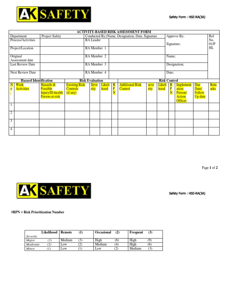 (3A) RA Sample Form | PDF | Prevention | Safety
