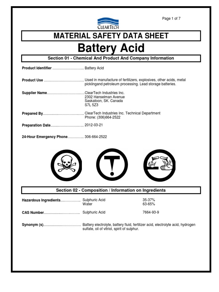 Battery Acid: Material Safety Data Sheet | PDF | Sulfuric Acid | Materials