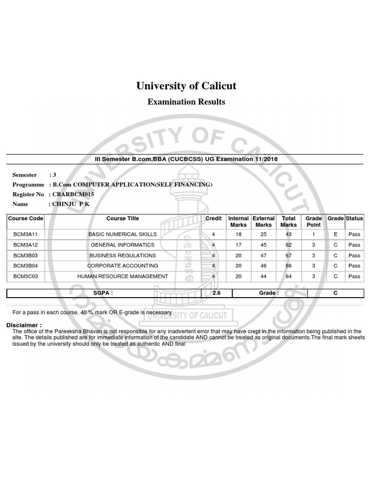 University of Calicut: Examination Results | PDF
